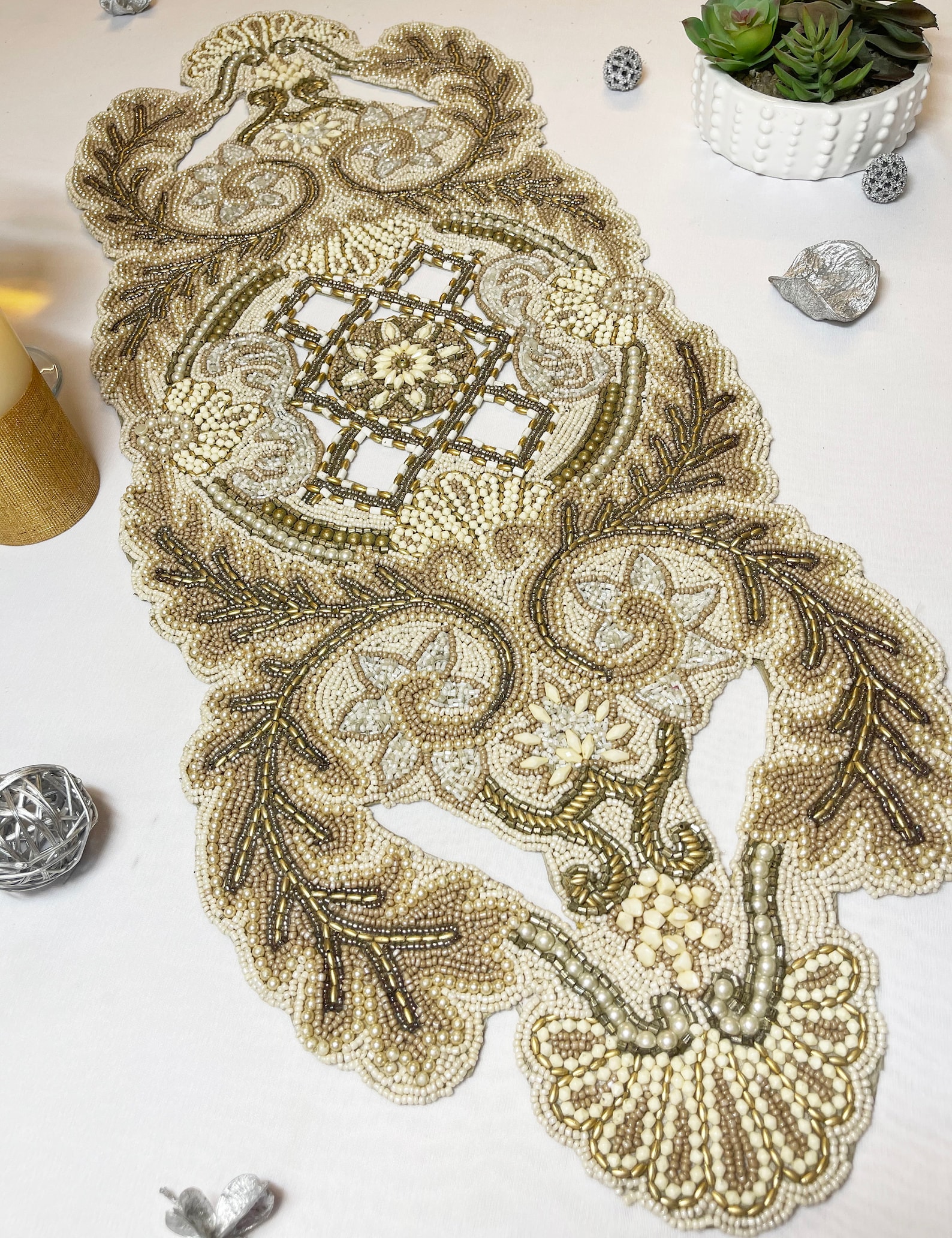 Handmade Table Runner, Beaded Table Runner, Gold & Cream Beads ...