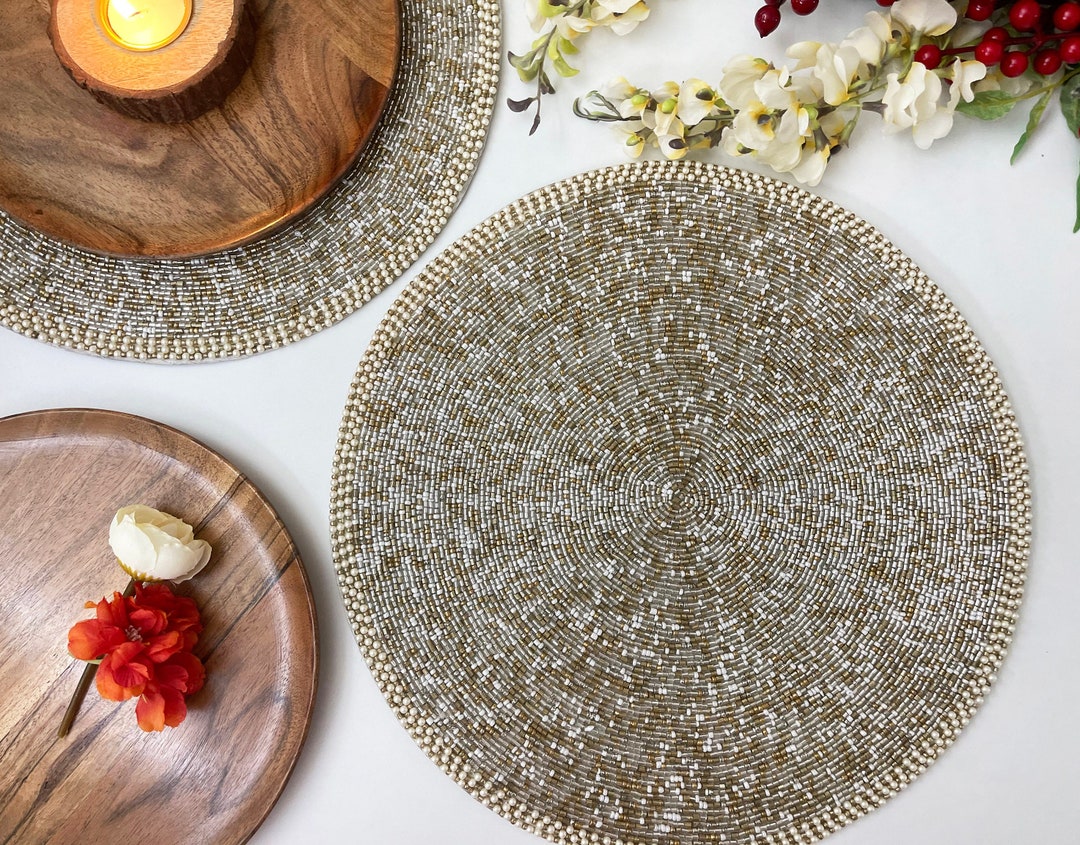 Handmade Beaded Placemat, Beaded Table Mat, Gold and White Melange - Etsy