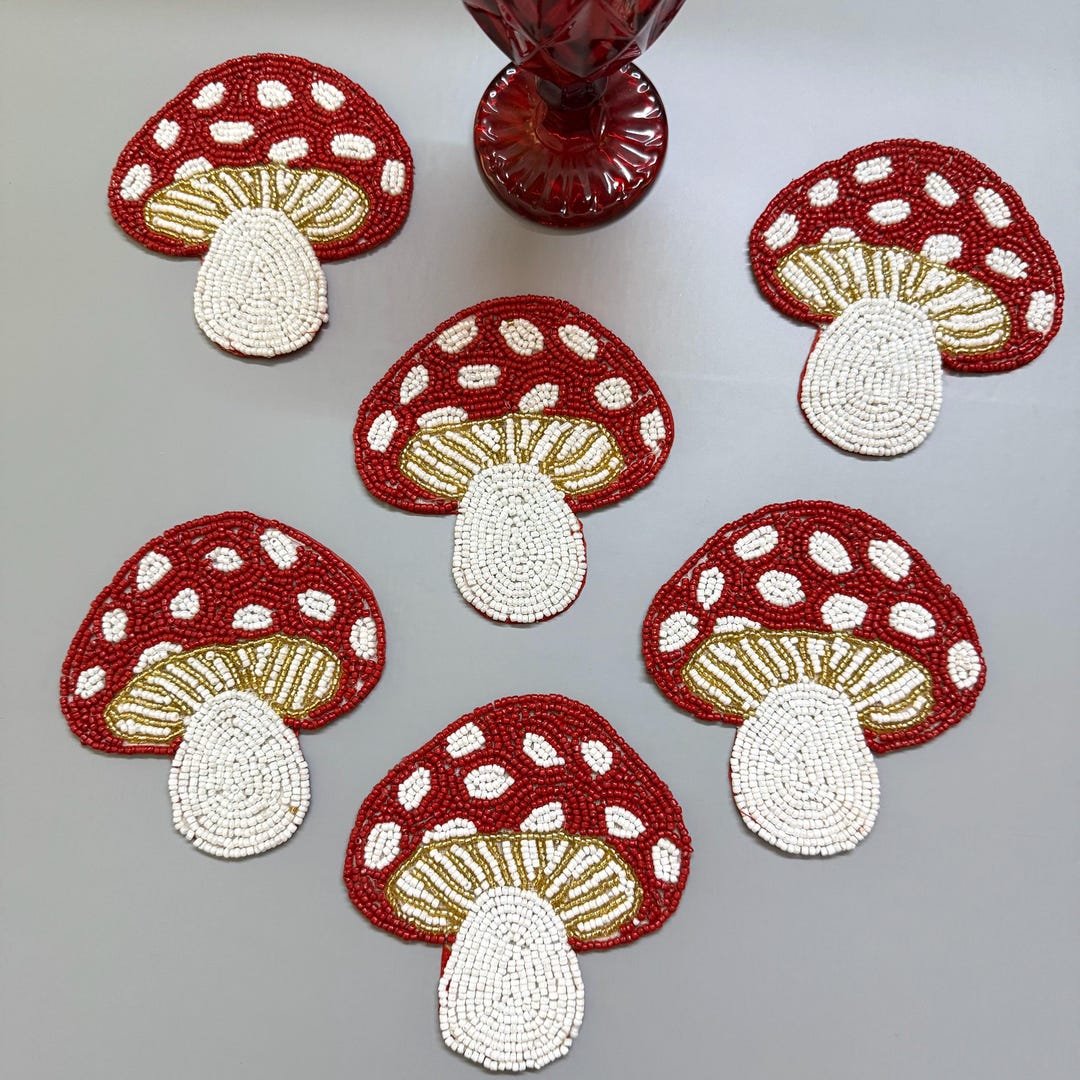 Set of 6, Red Mushroom Drink Coasters, Beaded Coasters, Gift for Her ...