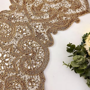 Handmade Table Runner, White Gold Beaded Runner, 13x36inch - Etsy