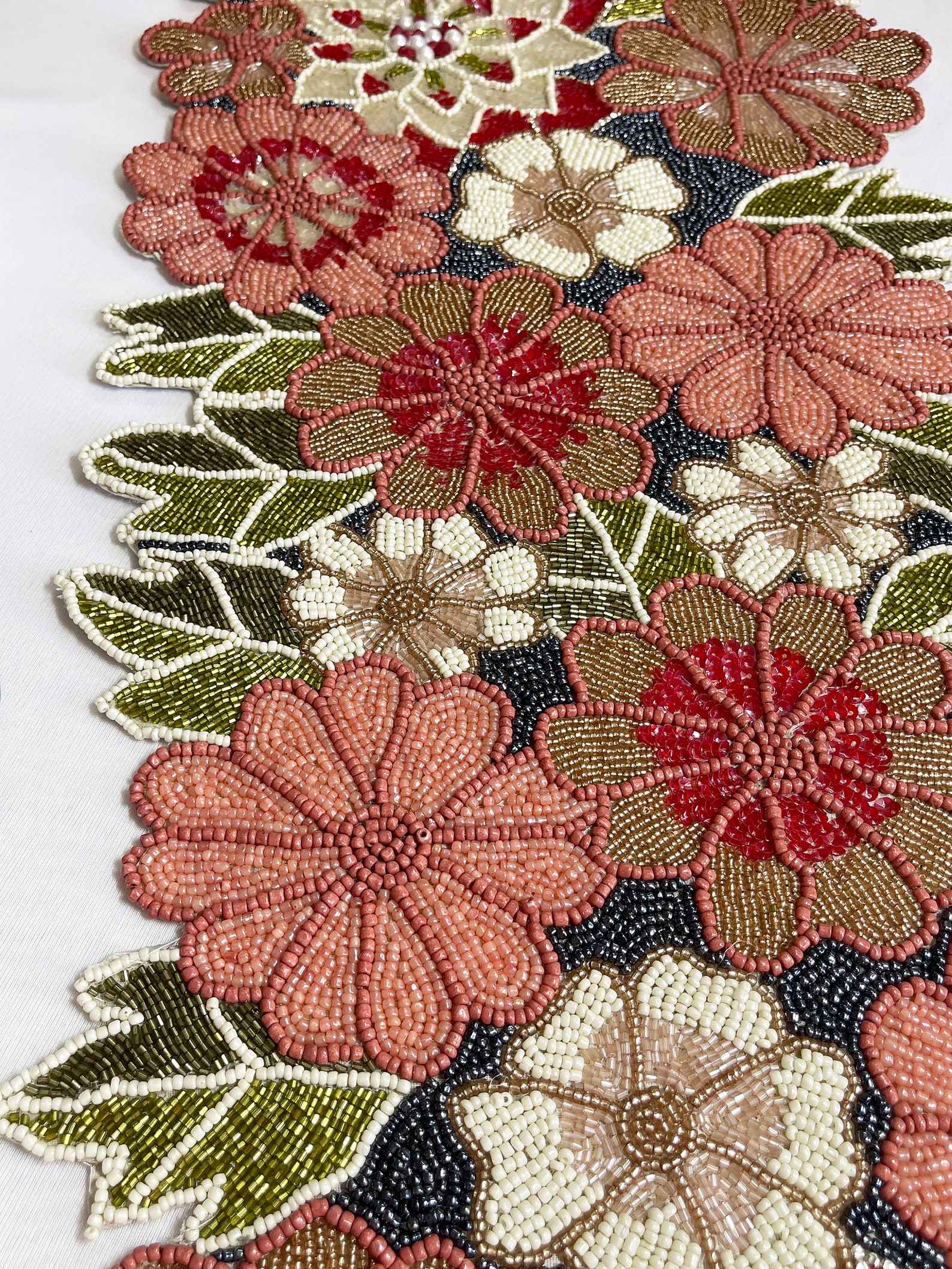 Table Runner, Handmade Beaded Spring Runner, Floral, 13x36inch ...