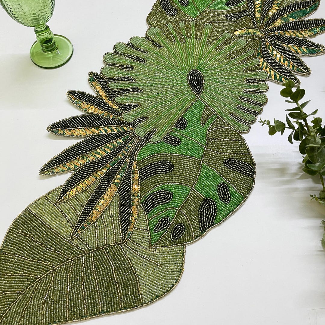 Handmade Beaded Leaf Table Runner: Multicolour Sequin Decor (13x36 Inch ...