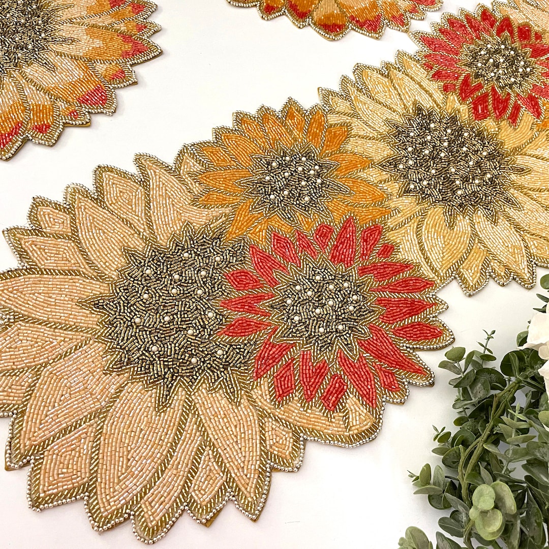 Handmade Bead Table Runner and Placemat, Flower Beaded Runner 13x36inch ...
