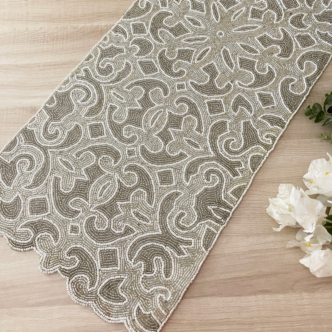 Handmade Bead Table Runner, Beaded Runner, Silver and White, 13x36inch ...