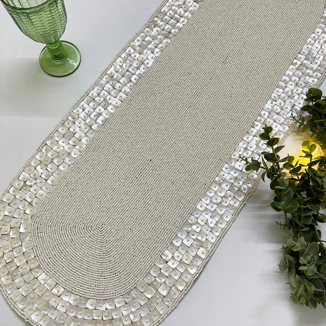 Handmade Beaded Table Runner: Pearl White With Mother of Pearl Border ...