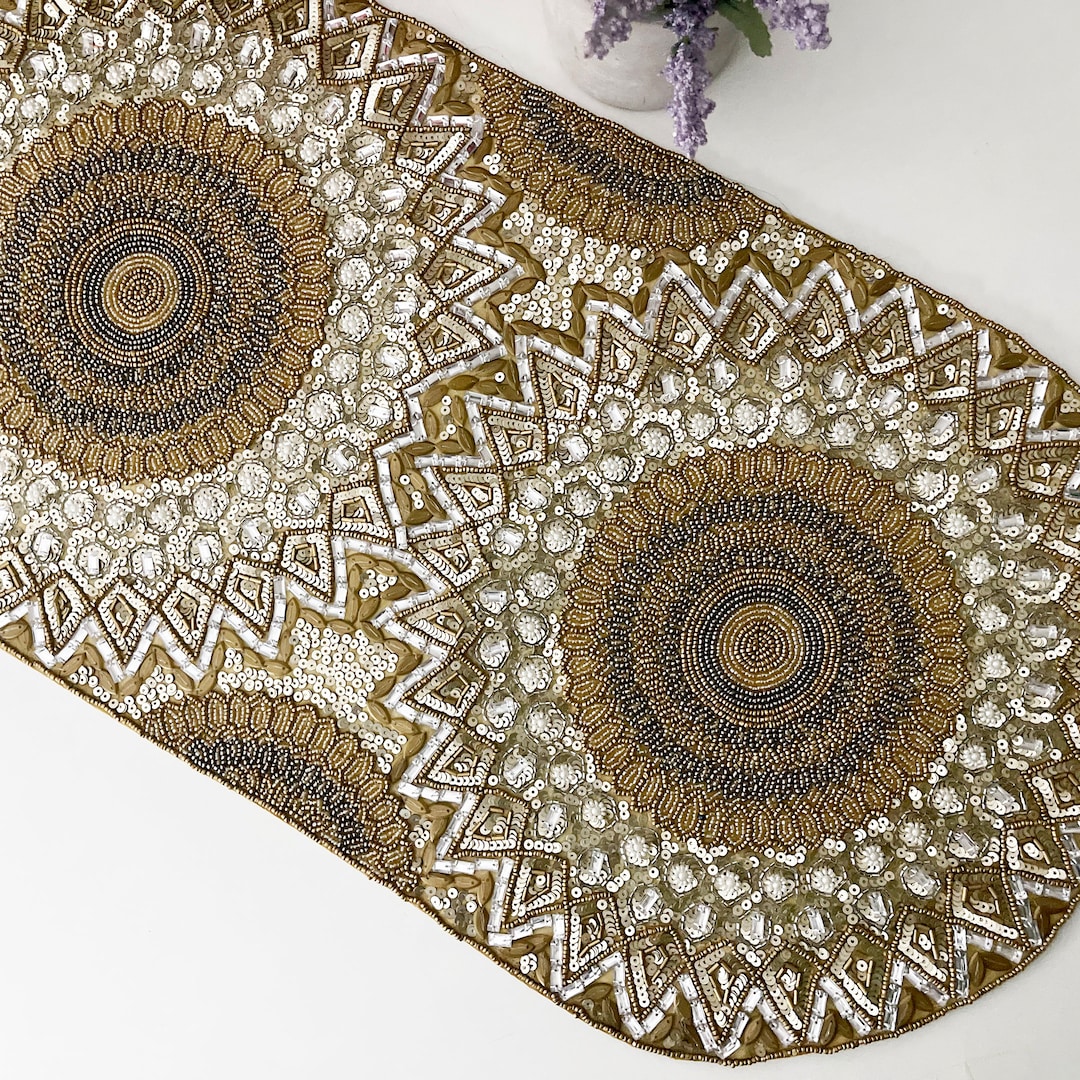Handmade Table Runner, Beaded Table Runner, Gold Bead and Sequin Runner ...