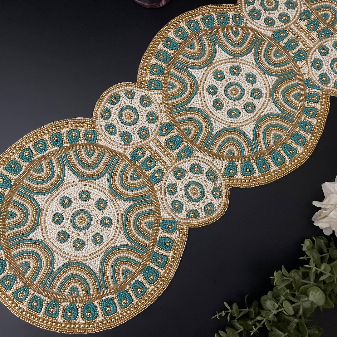 Handmade Bead Table Runner, Teal and White Geometrical Beaded Runner ...