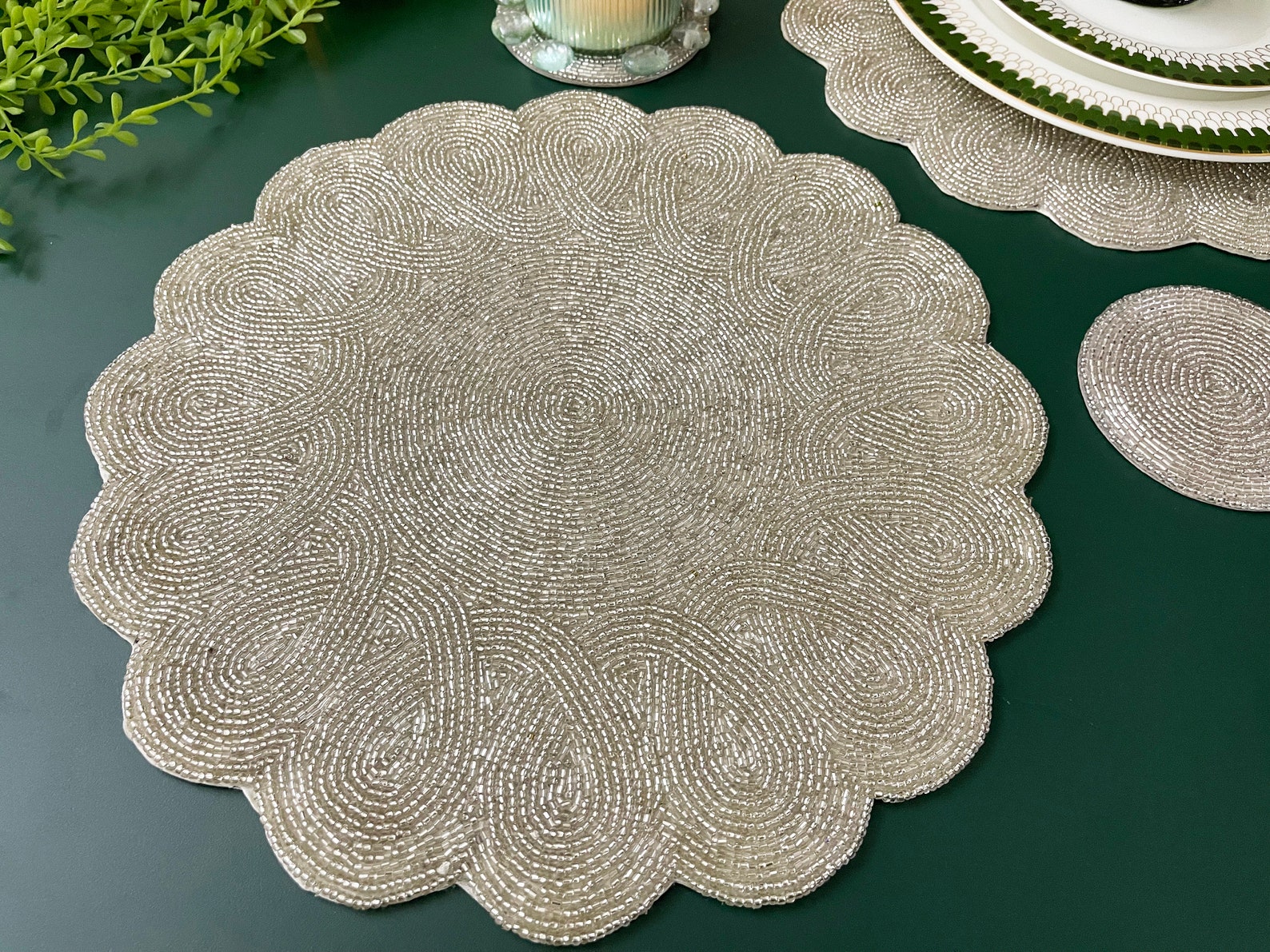 Handmade Beaded Placemat Beaded Table Mat Silver Round - Etsy