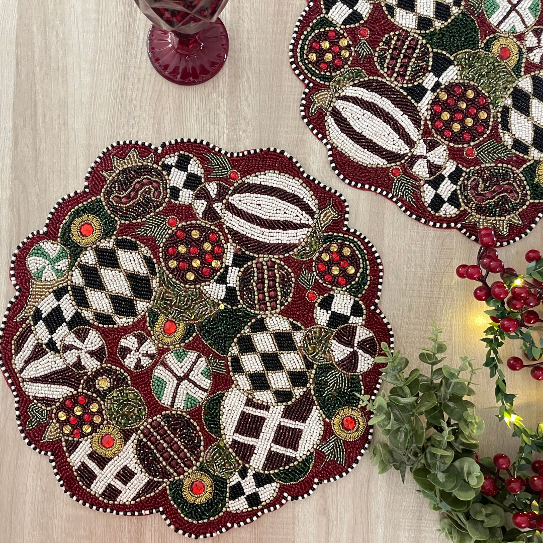 Christmas Handmade Beaded Placemat, Tablemat, 14 Inch, Red, Green and ...