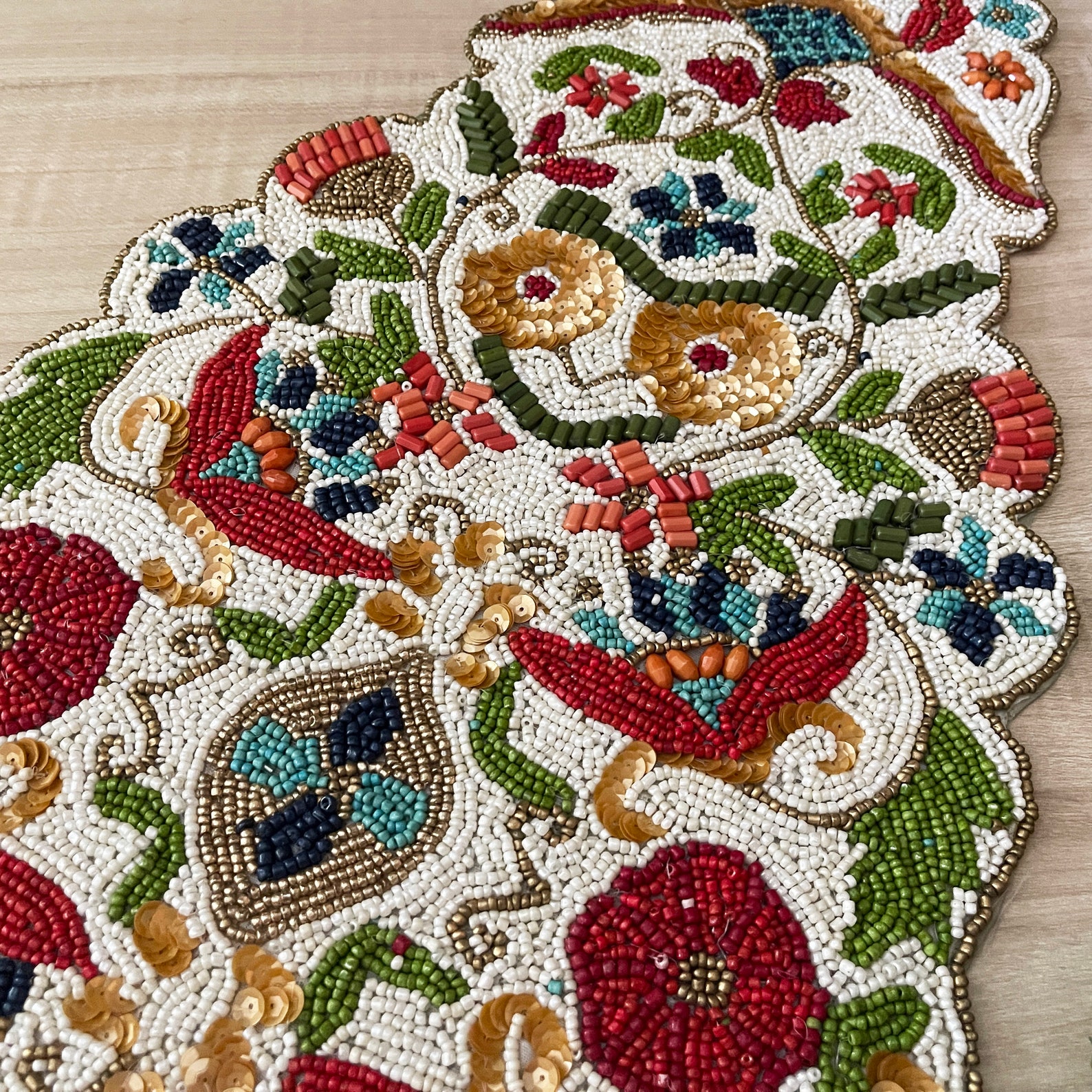 Handmade Beaded Floral Table Runner: Multicolour Spring Design (13x36 ...