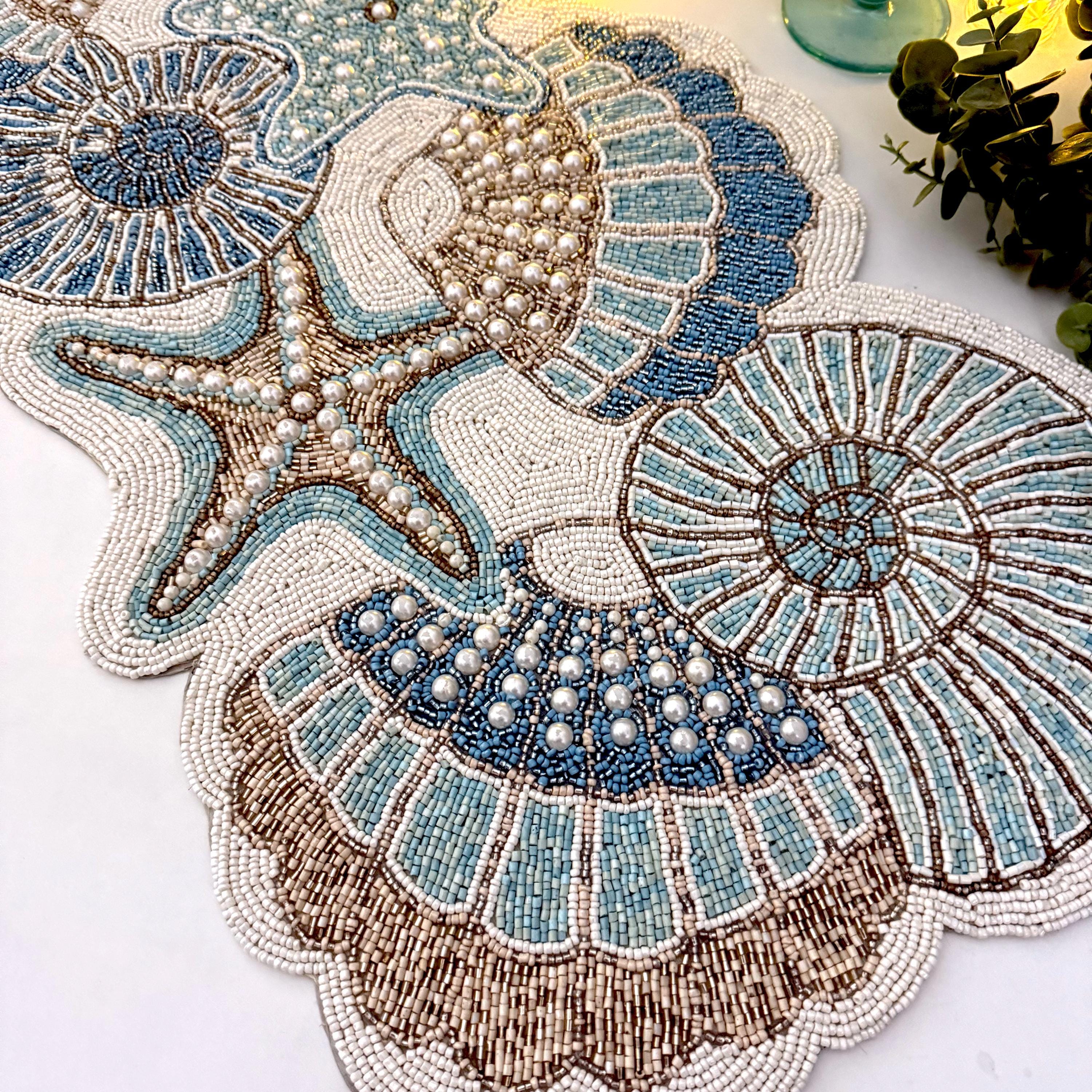 Handmade Beaded Table Runner: Coral & Seashell Design (13x36 Inch) - Etsy