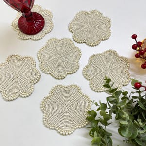 Set of 6, Handmade Beaded Scalloped Coasters, Light Cream Drink ...