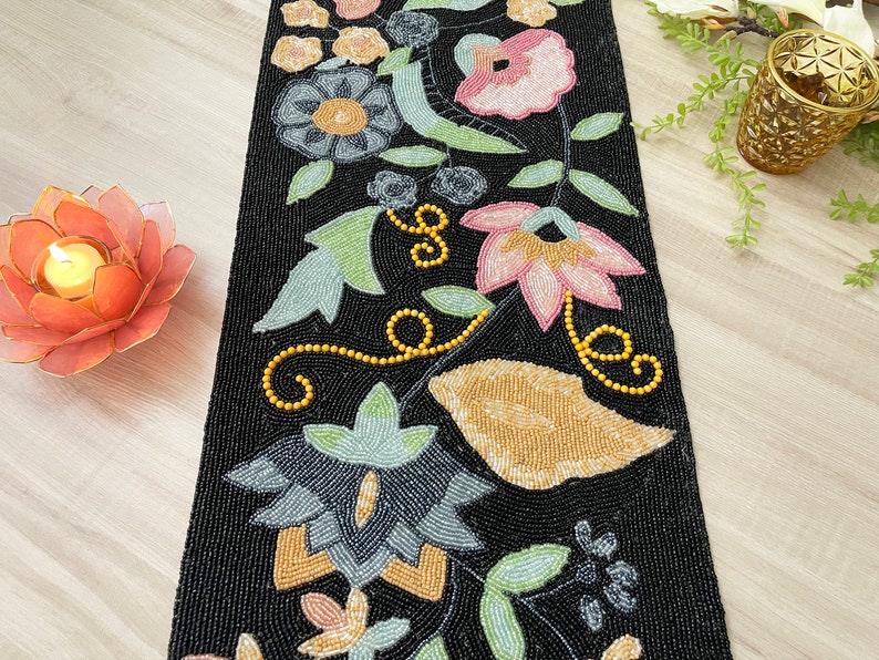 Handmade Table Runner Beaded Table Runner Floral on Black - Etsy