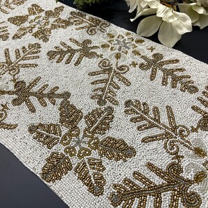 Handmade Bead Table Runner, Christmas Beaded Runner, Snowflakes Gold, Silver and White ...
