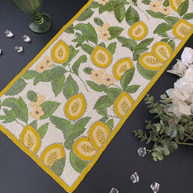 Handmade Table Runner, Lemon and Leaves Beaded Runner Floral ...