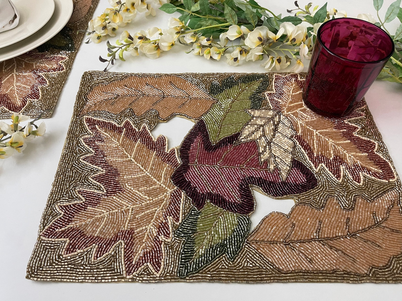 Set of 2 Handmade Beaded Placemat Maple Leaf Table Mat Bead - Etsy