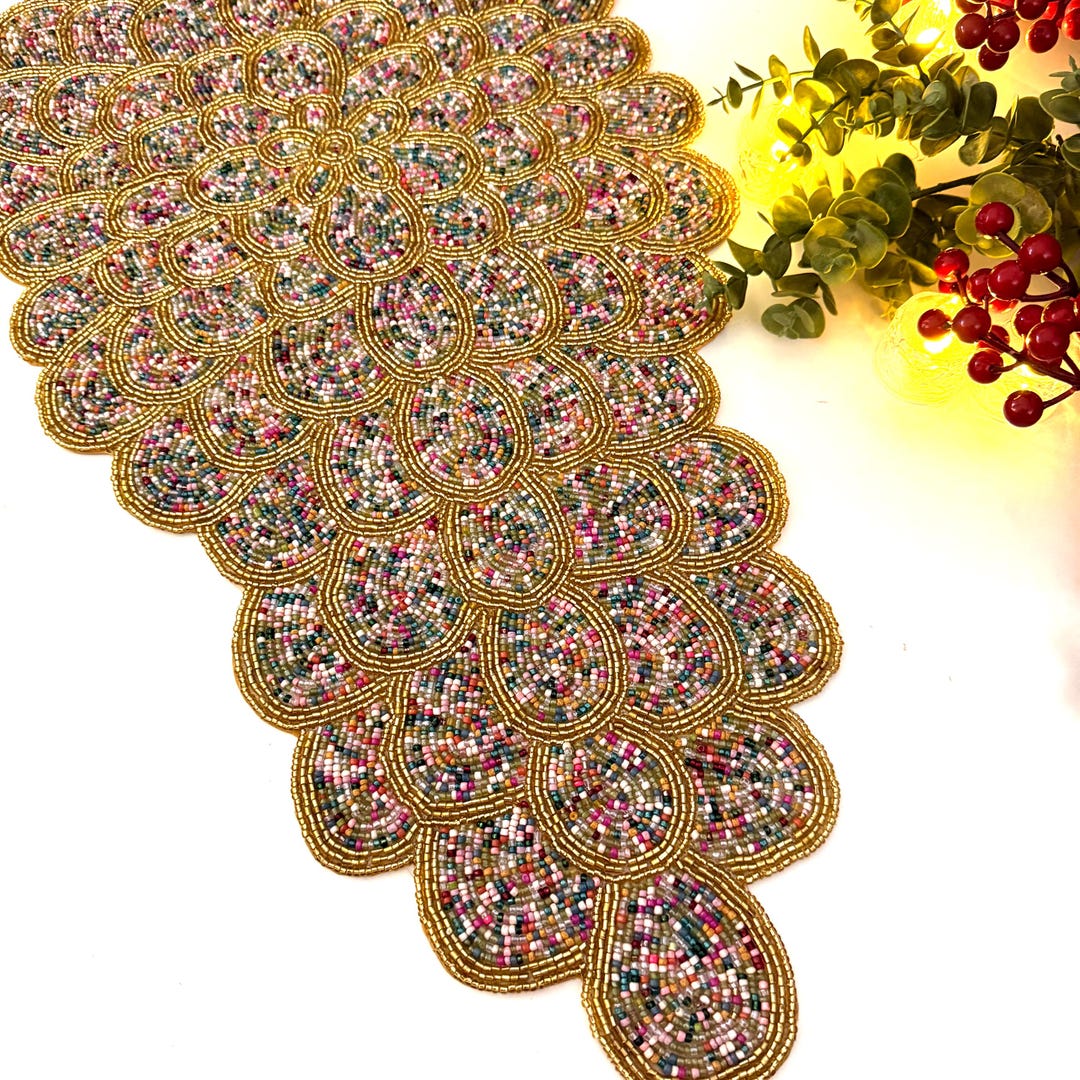 Handmade Bead Table Runner, Floral Beaded Runner, Multicolour ...