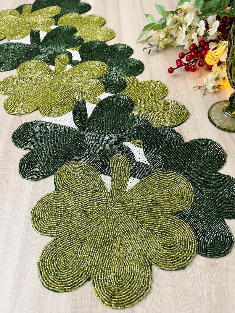 Handmade Table Runner, Clover Leaf / Shamrock Hand Beaded Runner, Green ...