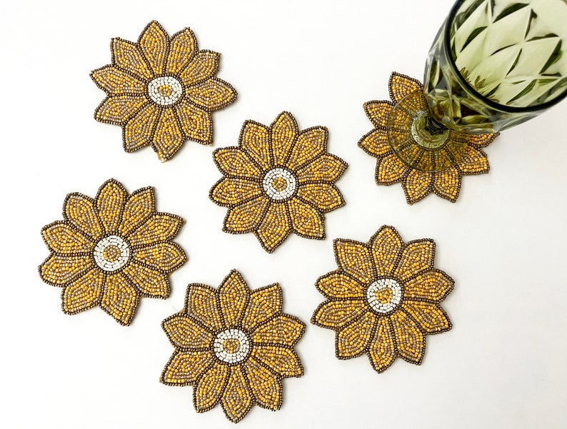 Set of 6 Floral Beaded Coasters: Handmade Drink Coasters - Etsy