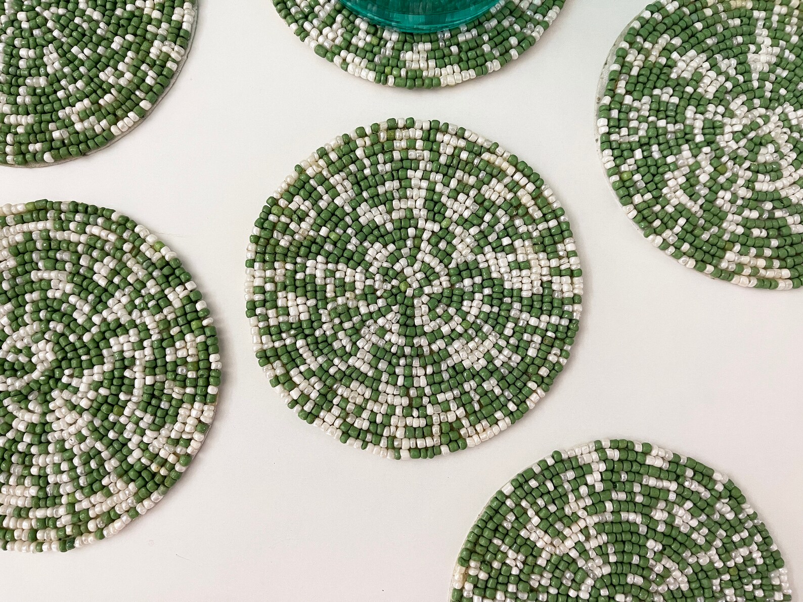 Coasters Set of 4/6 Drink Coasters Green and White Beaded - Etsy