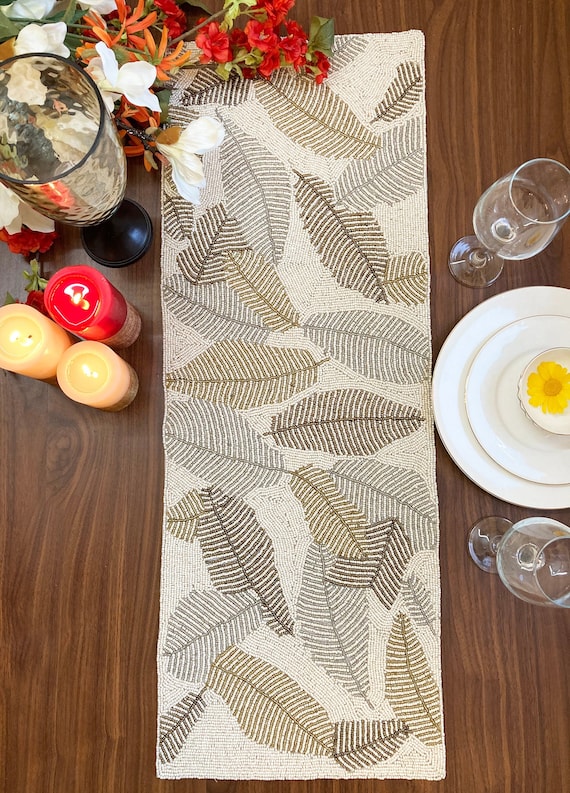 Handmade Table Runner Beaded Table Runner Leaf Design Bead - Etsy