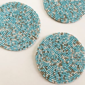 Handmade Beaded Coasters: Blue, Silver, and White (set of 4/6) - Etsy