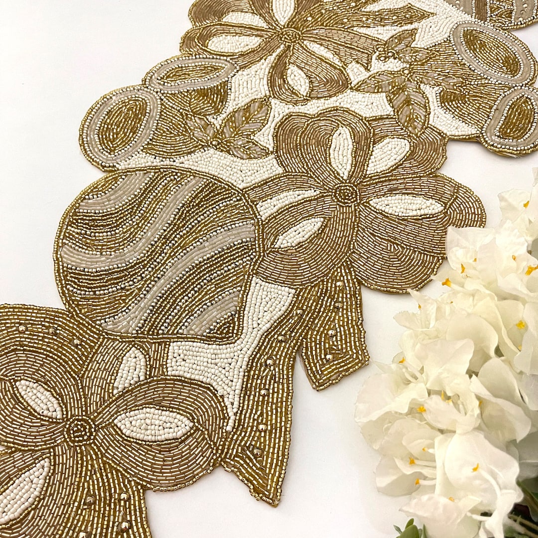 Handmade Christmas Table Runner, Beaded Runner, Centerpiece Cream Gold ...