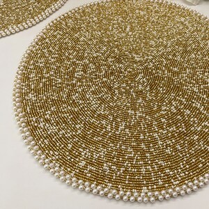 Set of 4/6, Handmade Beaded Placemat, Beaded Table Mat, Gold and White ...