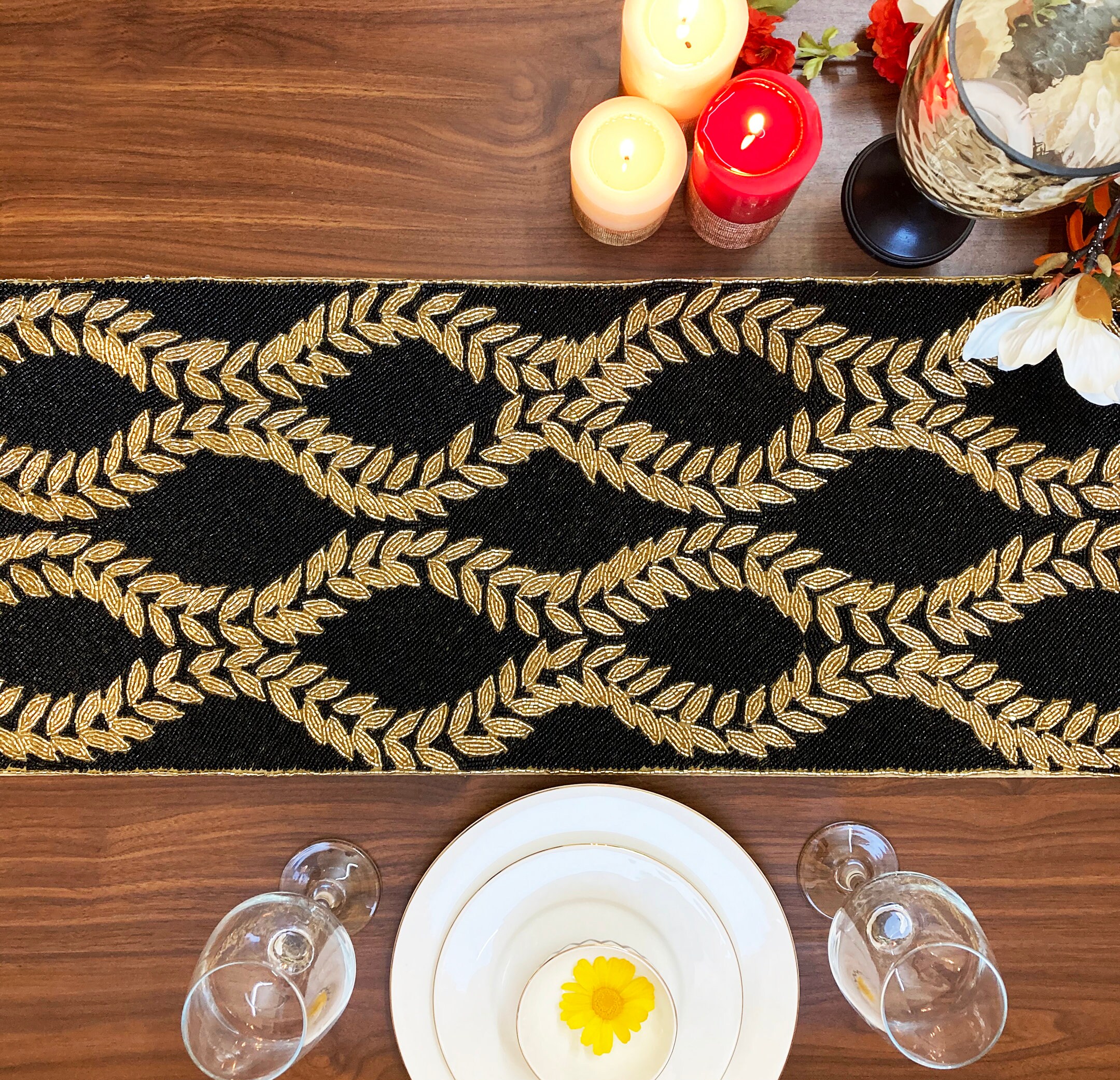 Handmade Table Runner Gold on Black Hand Beaded Runner - Etsy