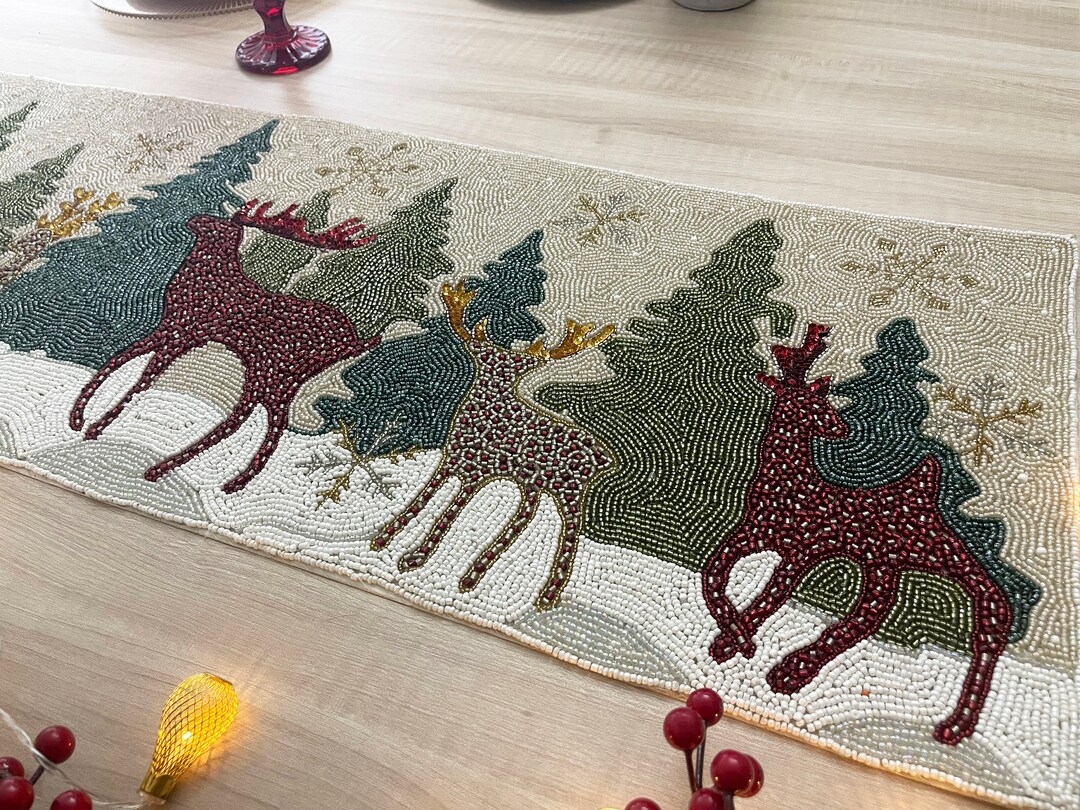 Christmas Beaded Runner, Handmade Bead Table Runner, Reindeer ...
