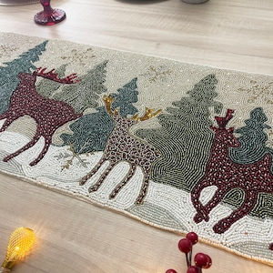 Christmas Beaded Runner, Handmade Bead Table Runner, Reindeer ...
