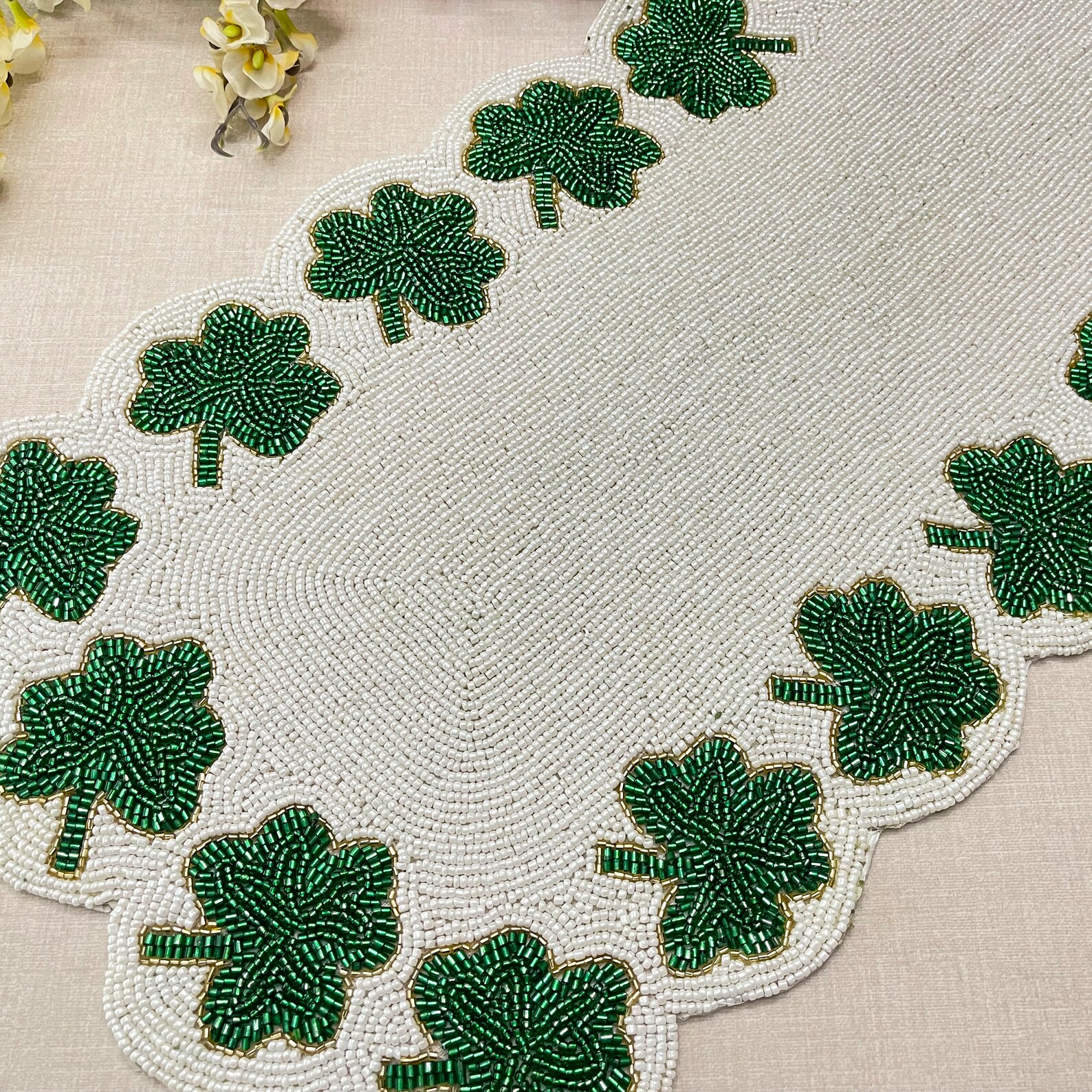Handmade Table Runner, Clover Leaf / Shamrock Hand Beaded Runner, Green ...