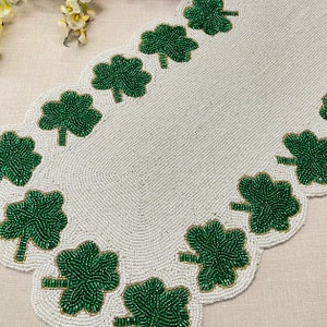 Handmade Table Runner, Clover Leaf / Shamrock Hand Beaded Runner, Green ...
