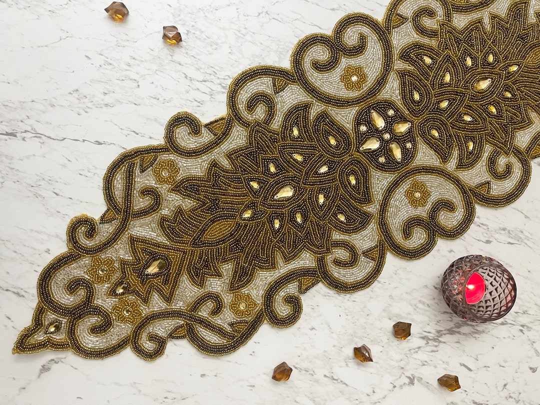 Handmade Table Runner, Silver and Golden Beaded Runner, Centerpiece ...