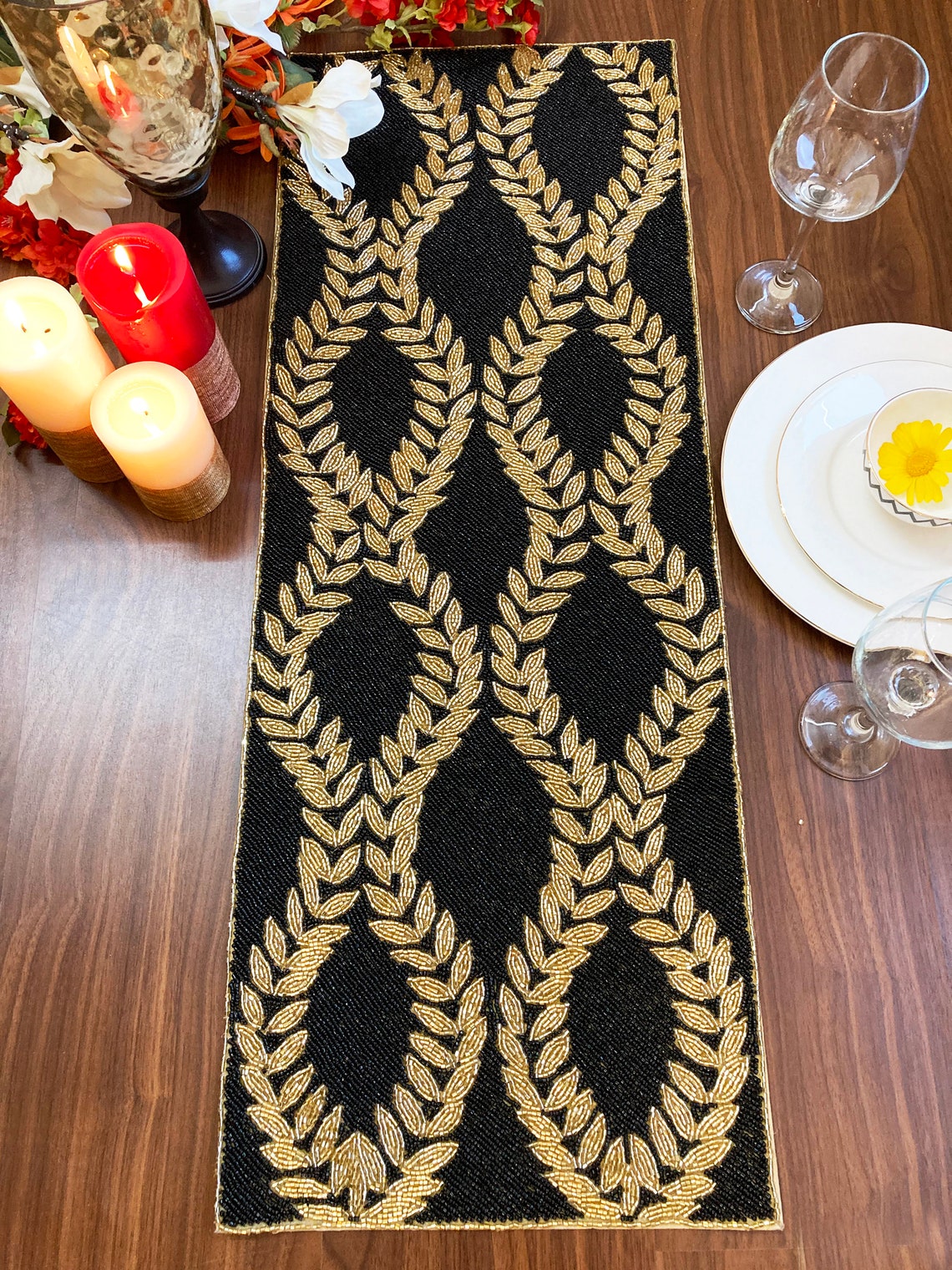Handmade Table Runner Gold on Black Hand Beaded Runner - Etsy