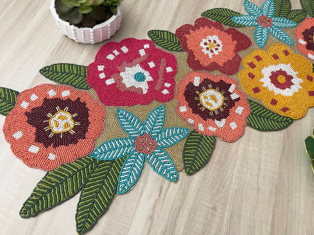 Handmade Table Runner, Beaded Runner, Floral Spring Runner, 13x36inch ...