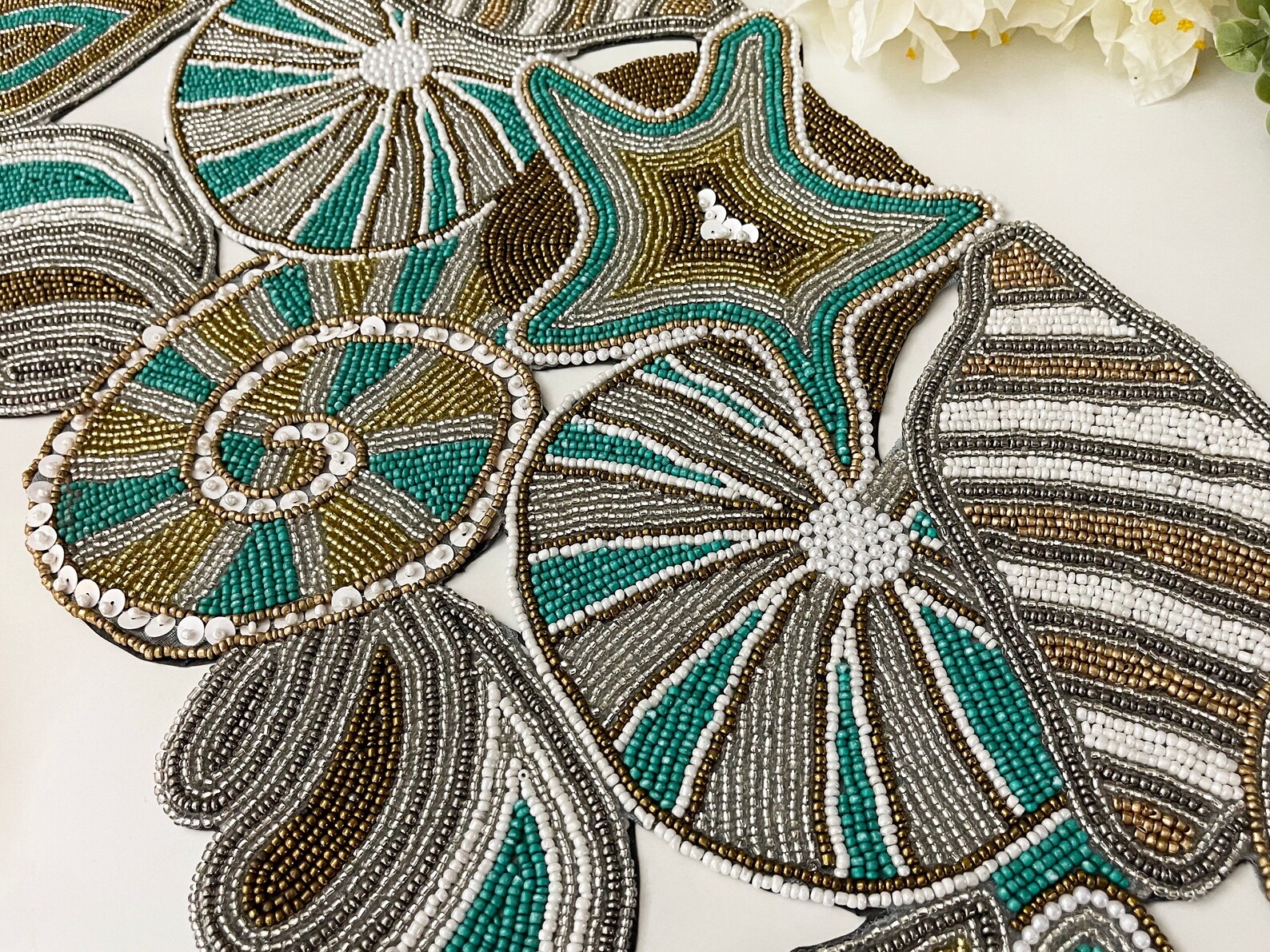 Handmade Table Runner, Teal Gold Seashell Beaded Centerpiece, 13x36inch ...