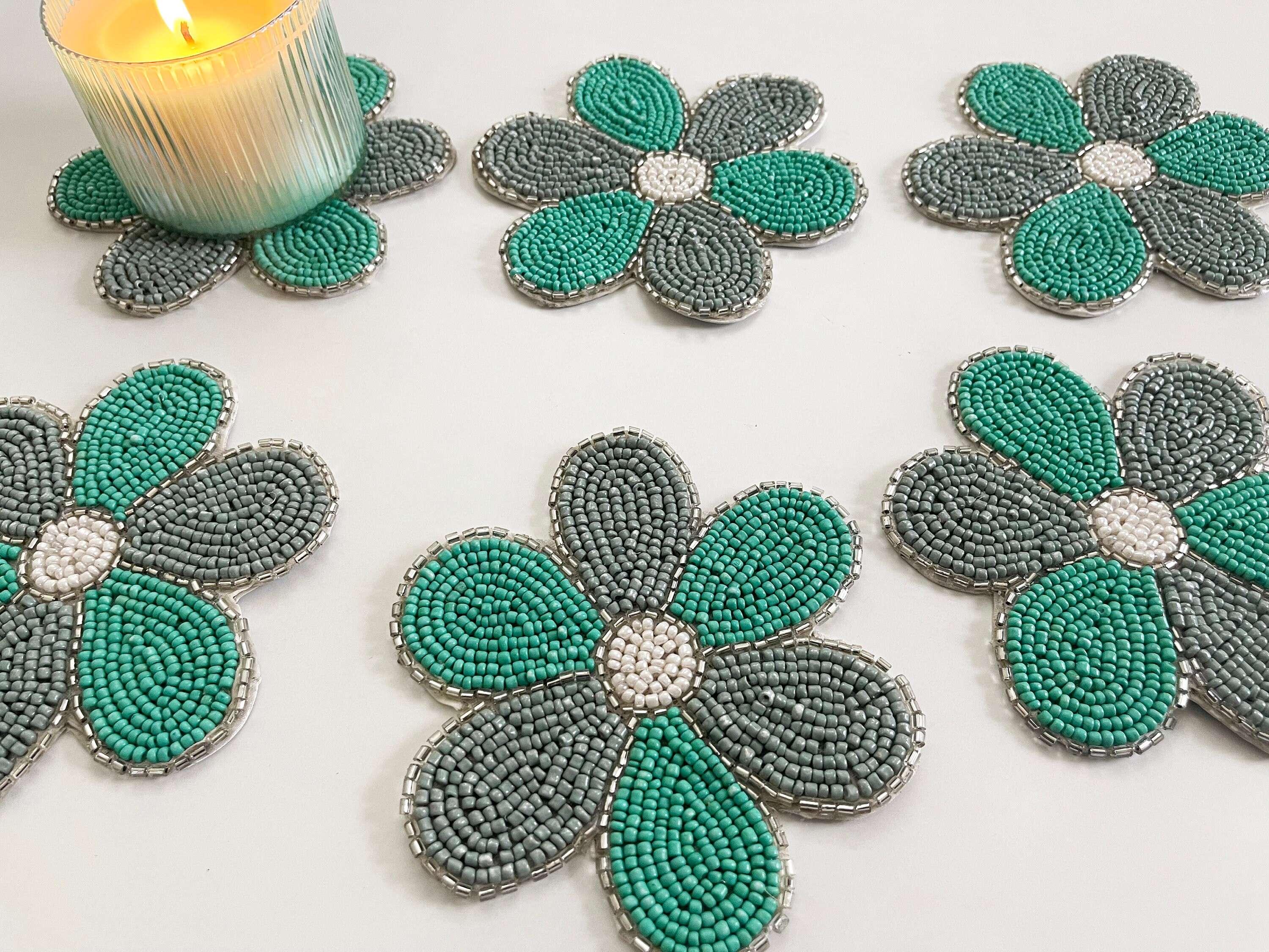 Set of 6 coasters drink coasters floral beaded coasters | Etsy