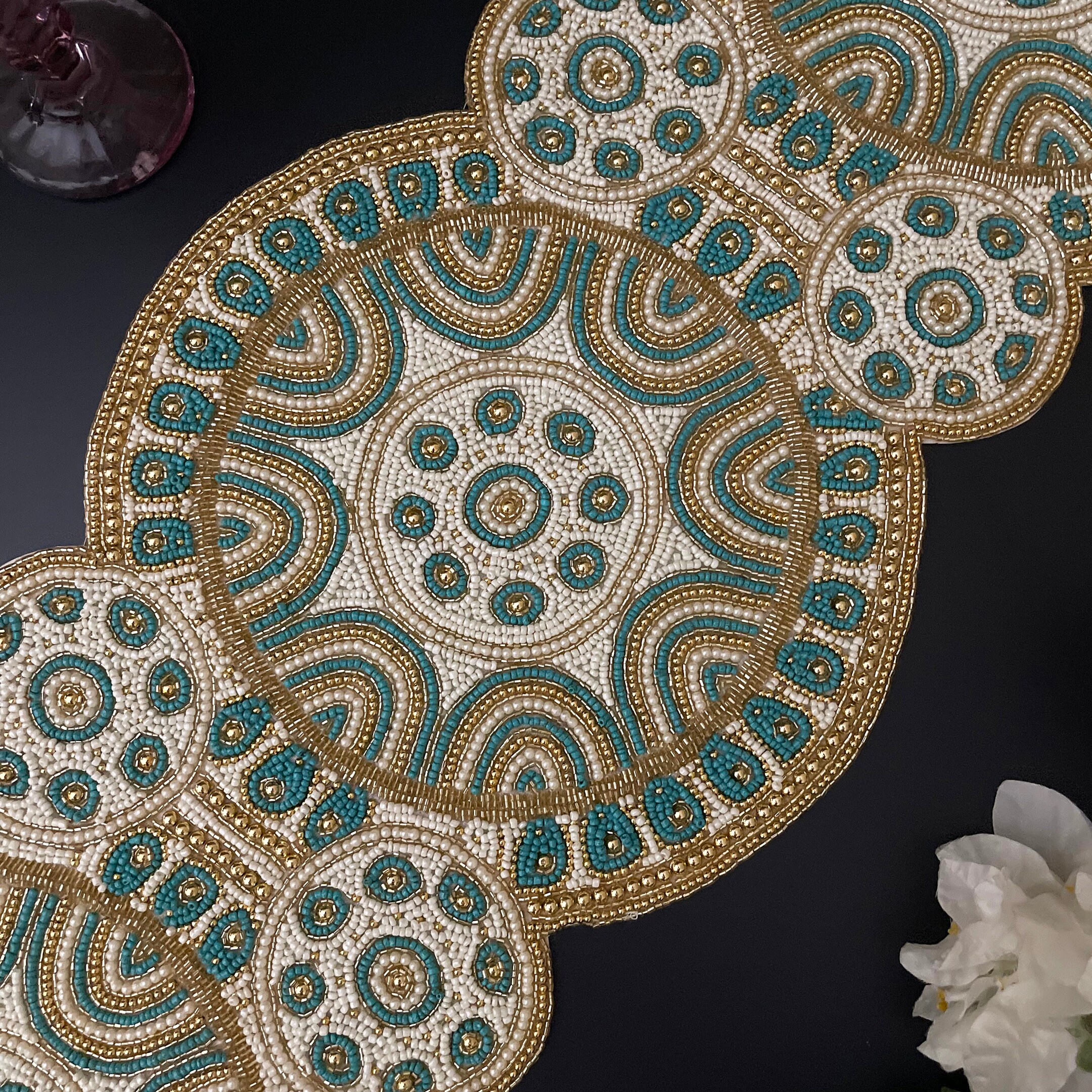 Handmade Bead Table Runner, Teal and White Geometrical Beaded Runner ...