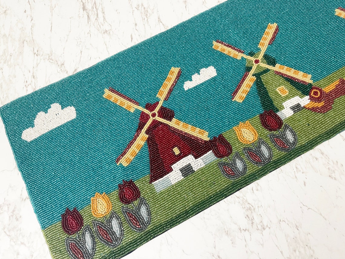 Handmade Beaded Table Runner, Dutch Klompen, Windmills and Tulip Fields ...