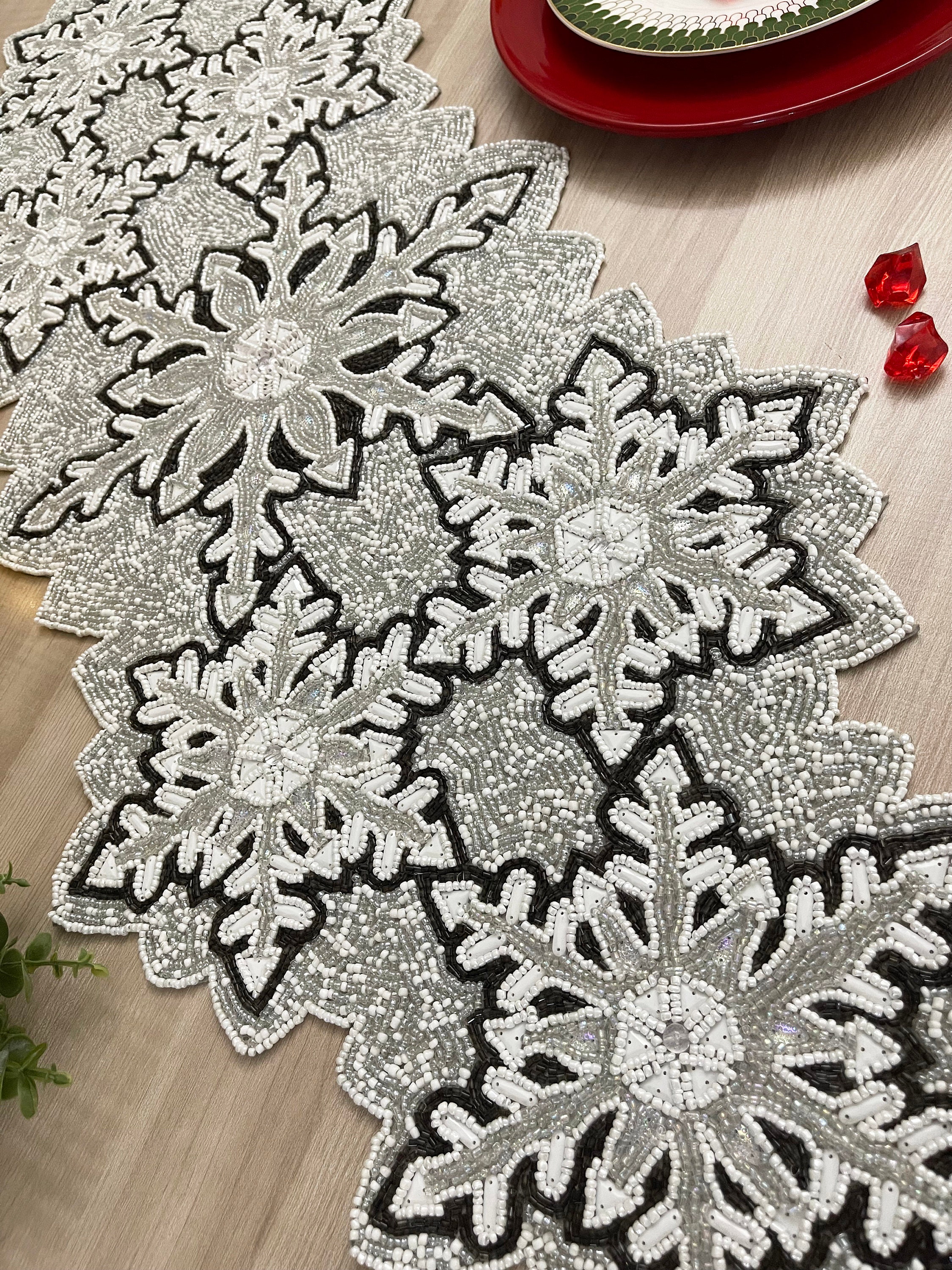 Handmade Bead Table Runner, Christmas Beaded Runner, Snowflakes ...