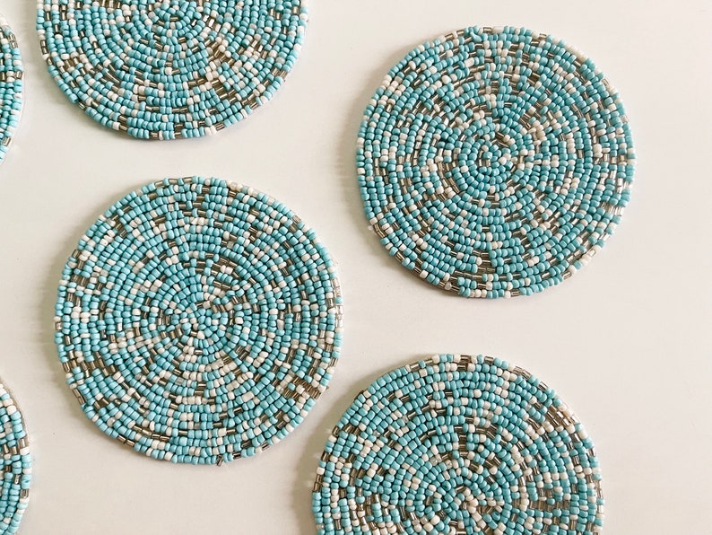 Handmade Beaded Coasters: Blue, Silver, and White (set of 4/6) - Etsy