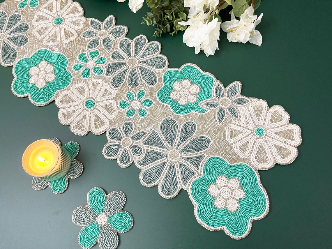 Handmade Bead Table Runner and Placemat Floral Beaded Runner - Etsy