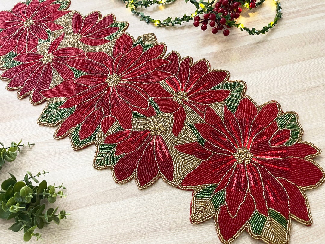 Handmade Christmas Table Runner: Floral Beaded Poinsettia, 13x36 Inch ...