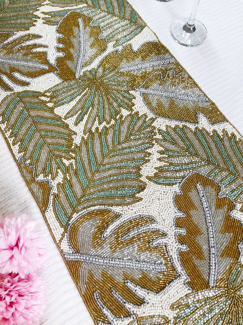 Handmade Table Runner Beaded Table Runner Leaf Pattern Multi | Etsy