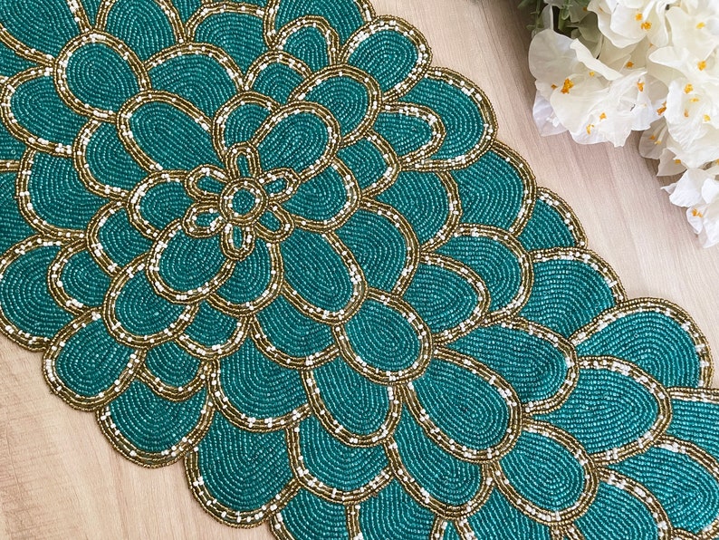 Handmade Bead Table Runner Peacock Floral Beaded Runner / | Etsy