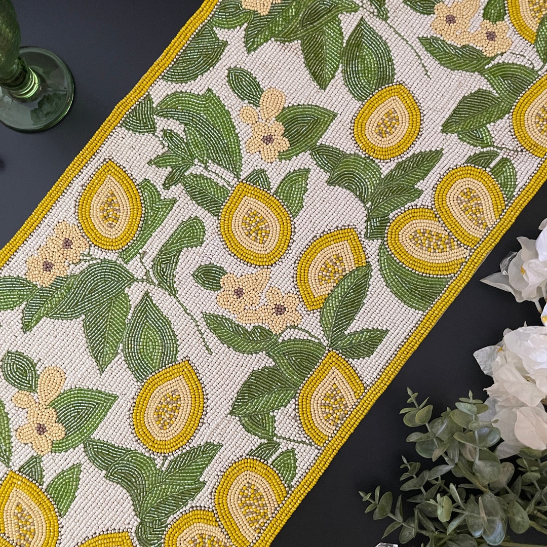 Handmade Table Runner, Lemon and Leaves Beaded Runner Floral ...