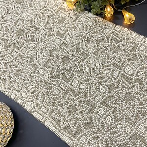 Handmade Beaded Christmas Table Runner, White Silver, 13x36inch - Etsy