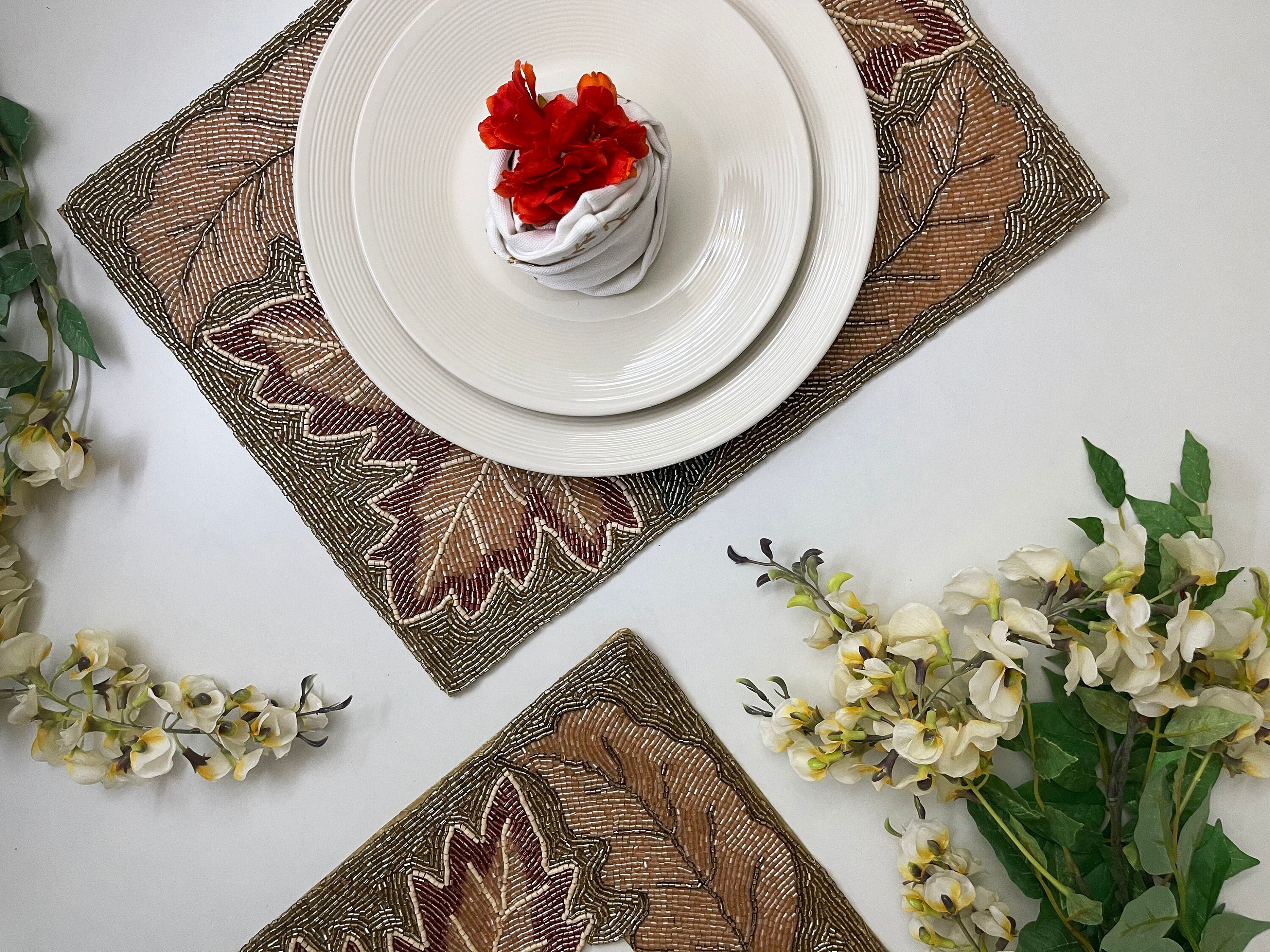 Set of 2 handmade beaded placemat maple leaf table mat bead | Etsy