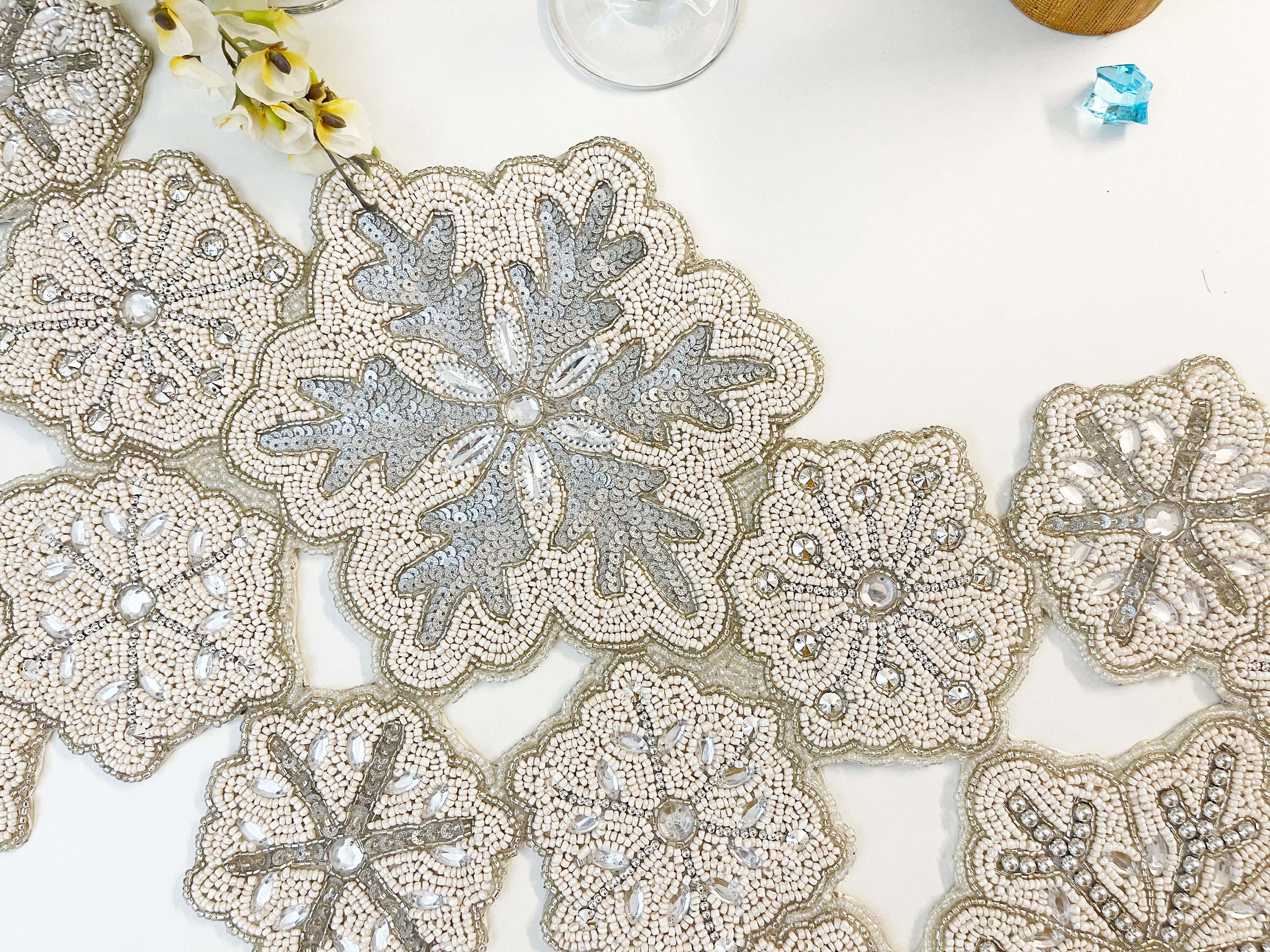 Handmade Bead Table Runner, Christmas Beaded Runner, Snowflakes ...